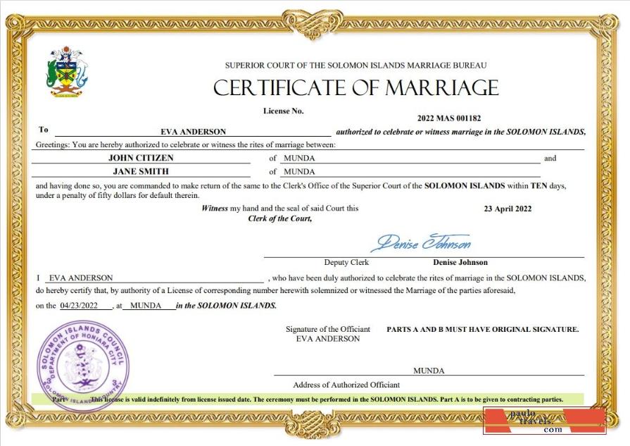 Solomon Islands marriage certificate Word and PDF template