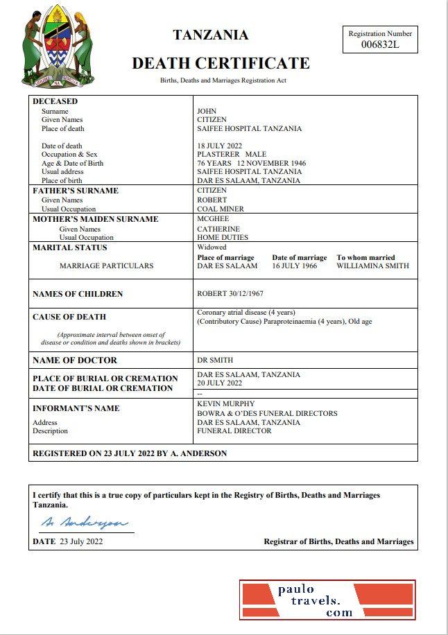 Tanzania vital record death certificate Word and PDF template
