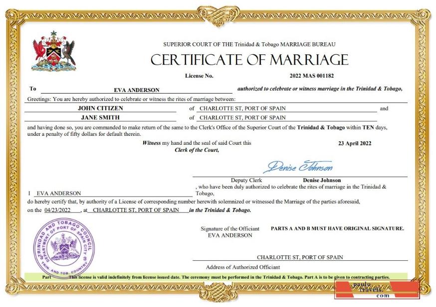 Trinidad and Tobago marriage certificate Word and PDF template