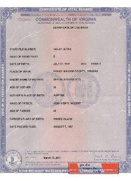 USA Virginia certificate of live birth