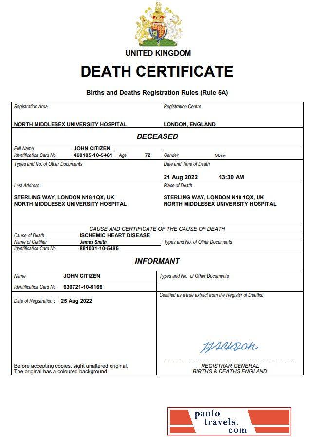 United Kingdom vital record death certificate Word and PDF template